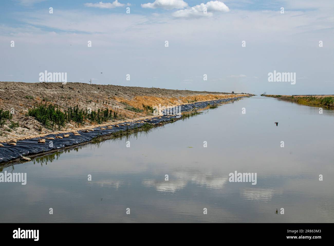 Deich, der die Stadt Corcoran beschützt. Der Tulare Lake im Central ...