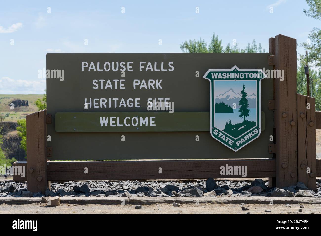 Washtucna, WA, USA - 25. Mai 2023; Schild für Palouse Falls State Park ...