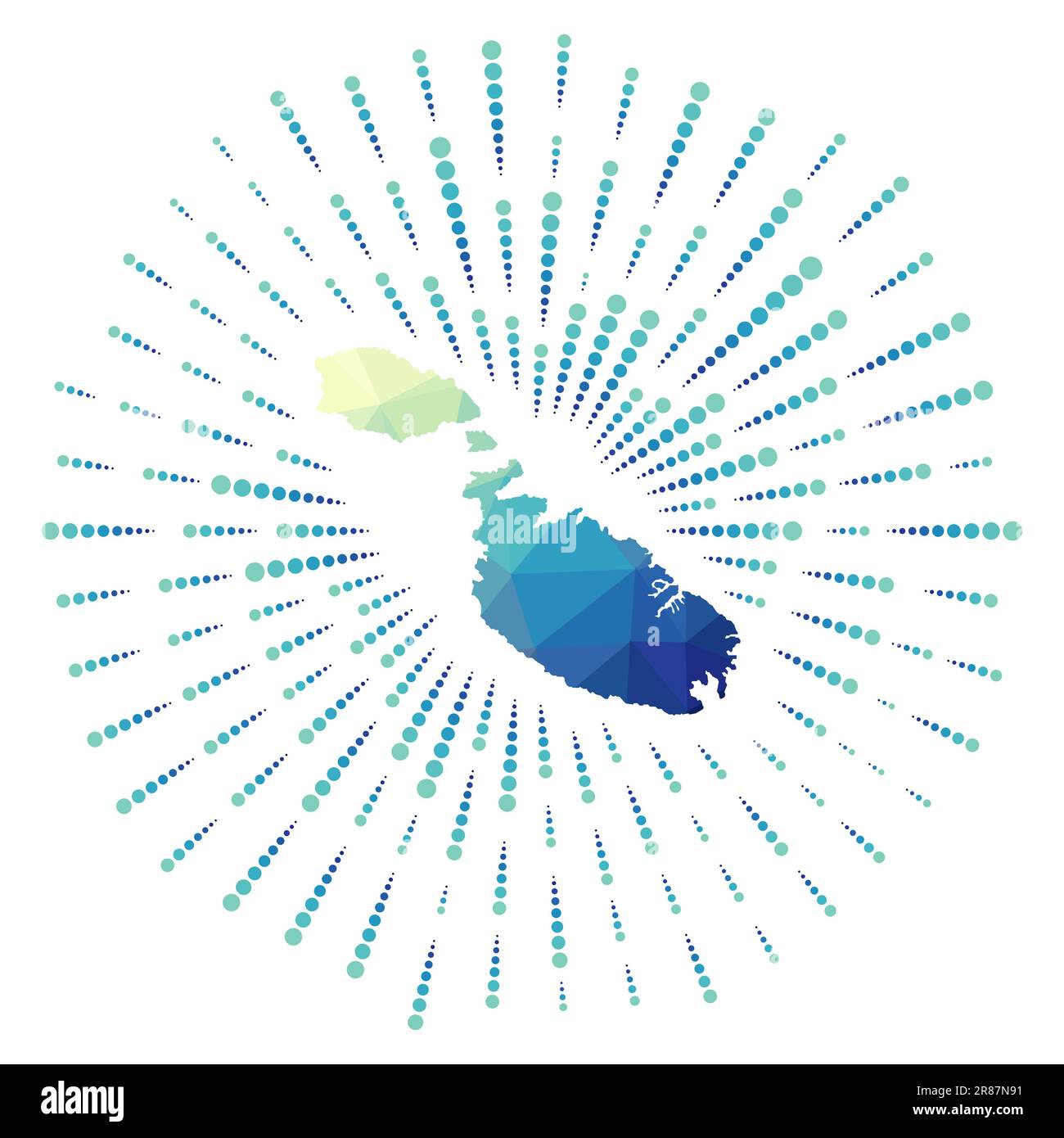 Die Form Maltas, polygonaler Sonnenaufgang. Karte der Insel mit bunten ...