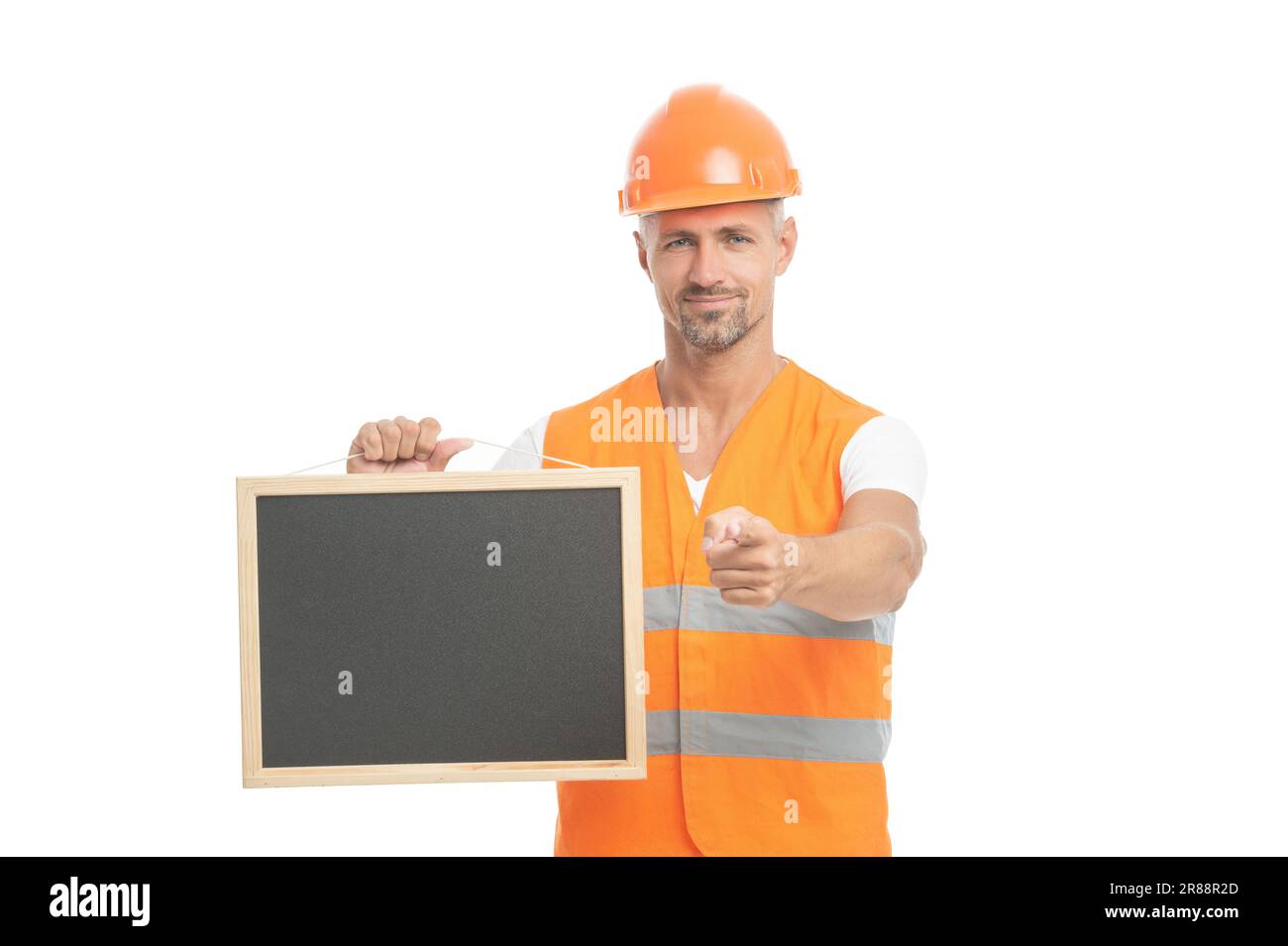 Vorgesetzter zeigt Anzeige mit Tafel, Zeige mit dem Finger ...