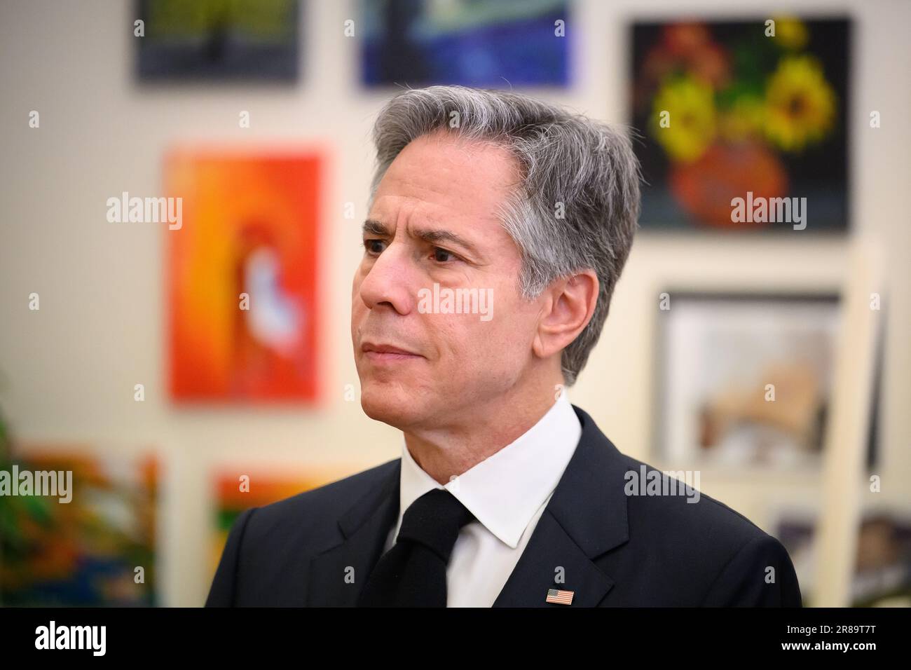 US-Außenministerin Anthony Blinken während eines Besuchs im ukrainischen Welcome Center in ...