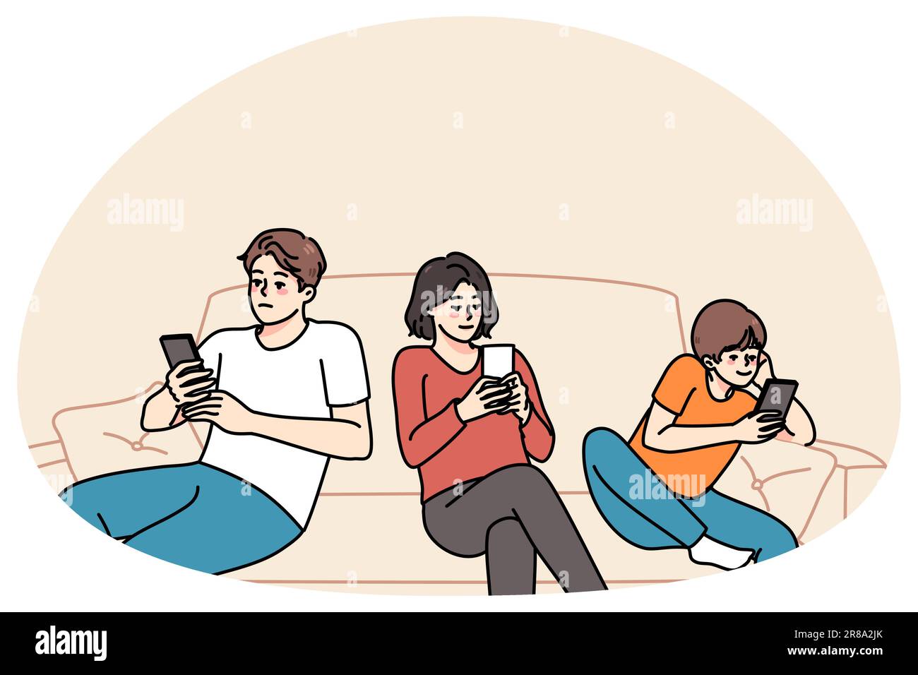 Junge Familie mit Kind sitzen auf dem Sofa und surfen auf dem modernen ...