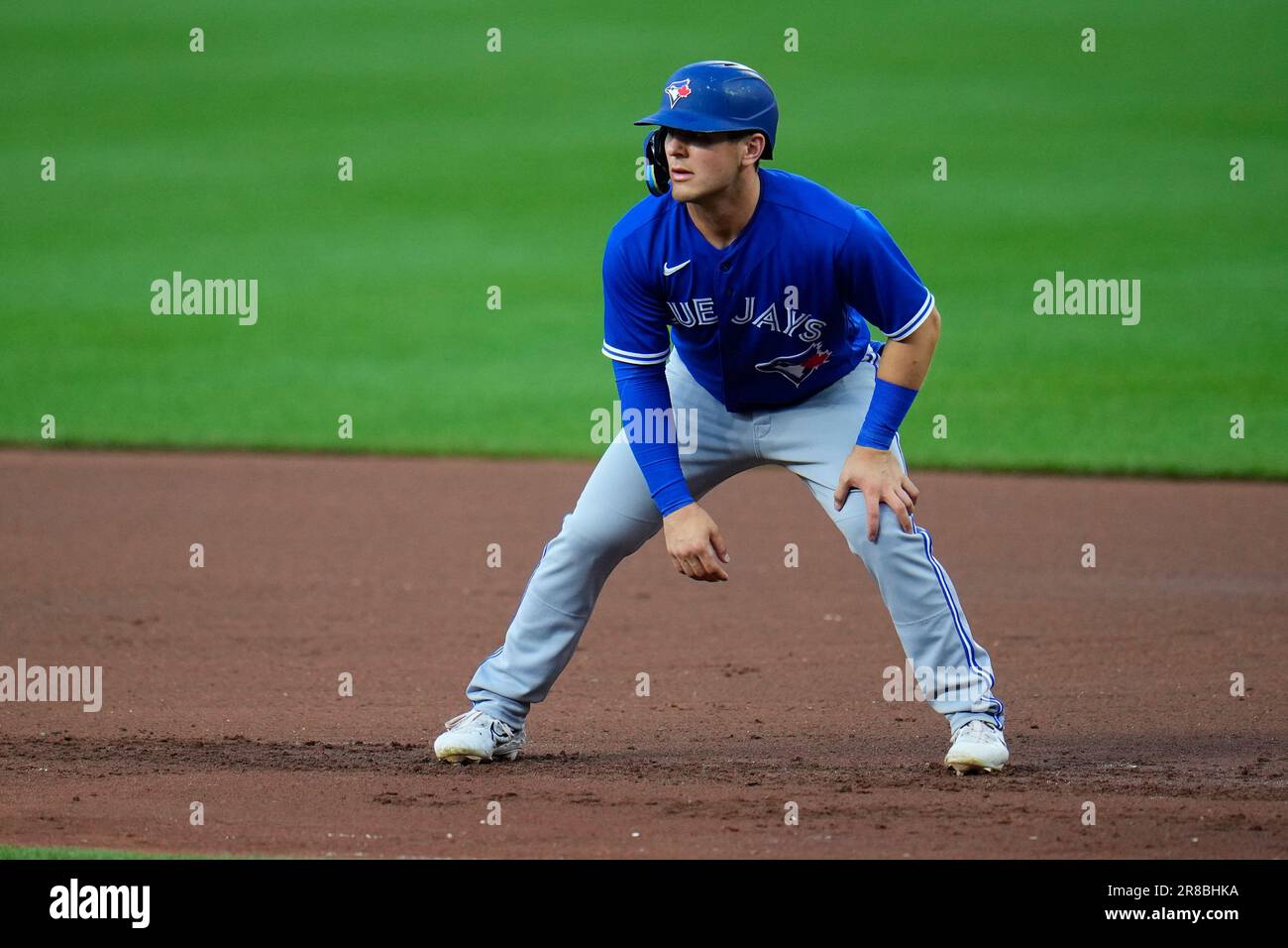 Toronto Blue Jays' Daulton Varsho leads off from first base during the ...