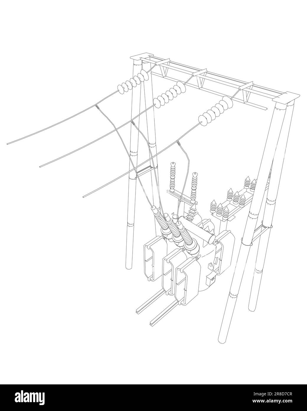 Umriss der Umspannstation des elektrischen Transformators Stromnetz ...