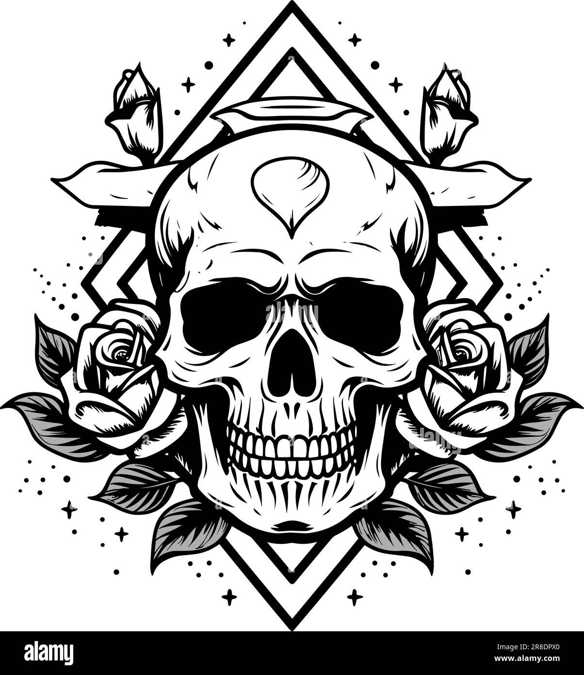 Totenkopf und Rosen Tag der Toten Ikone in Schwarz und Weiß Stock ...