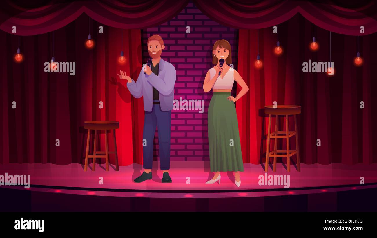 Stand-up, Comedy-Show mit Comedians und Mikrofon auf der Bühne ...