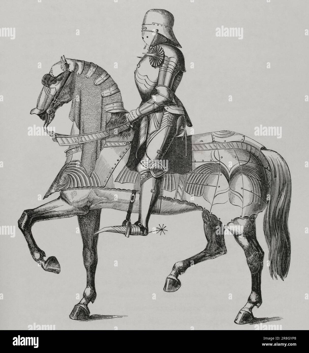 Gepanzerter und besetzter Ritter im Krieg, 15. Jahrhundert. Gravur ...