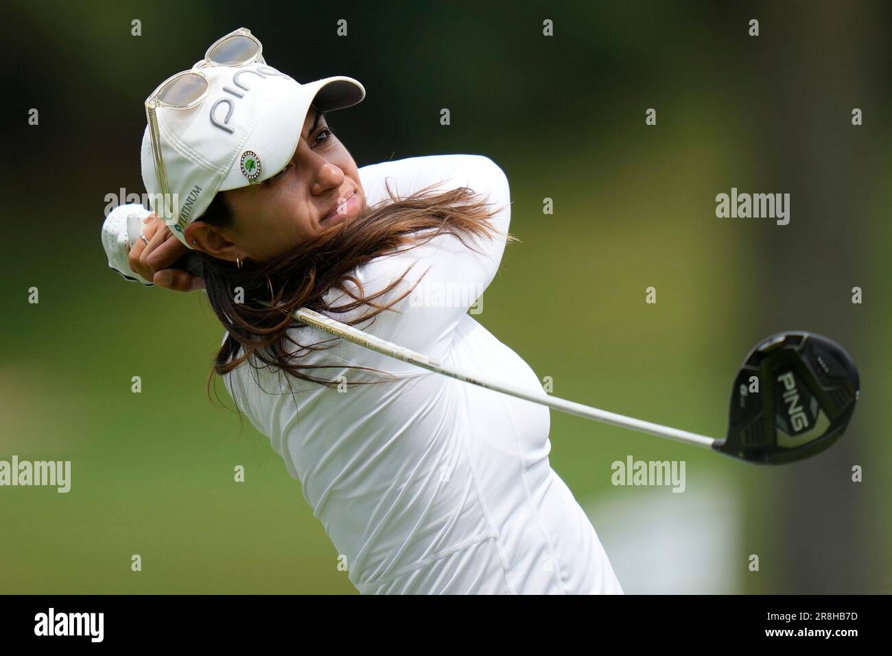 Paula Reto, of South Africa, watches her shot off the seventh tee ...