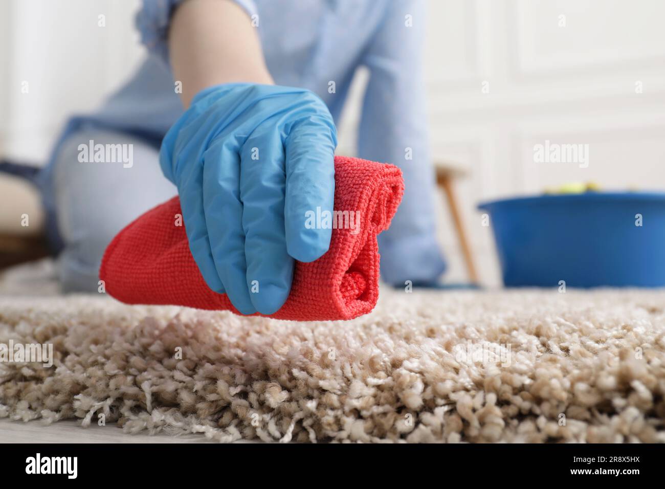 Eine Frau in Gummihandschuhen, die den Teppich mit einem Lappen im Haus ...