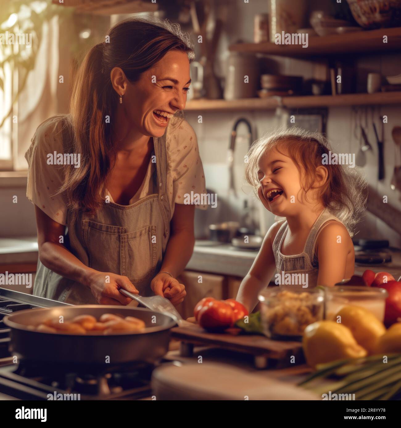 Mutter und Tochter helfen sich gegenseitig beim Kochen in der Küche ...
