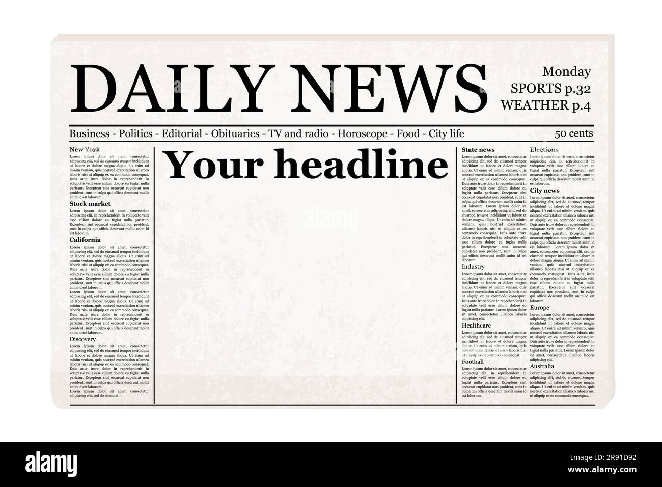 Zeitungsvorlage für die Titelseite. Leeres, altes Vektormodell mit ...