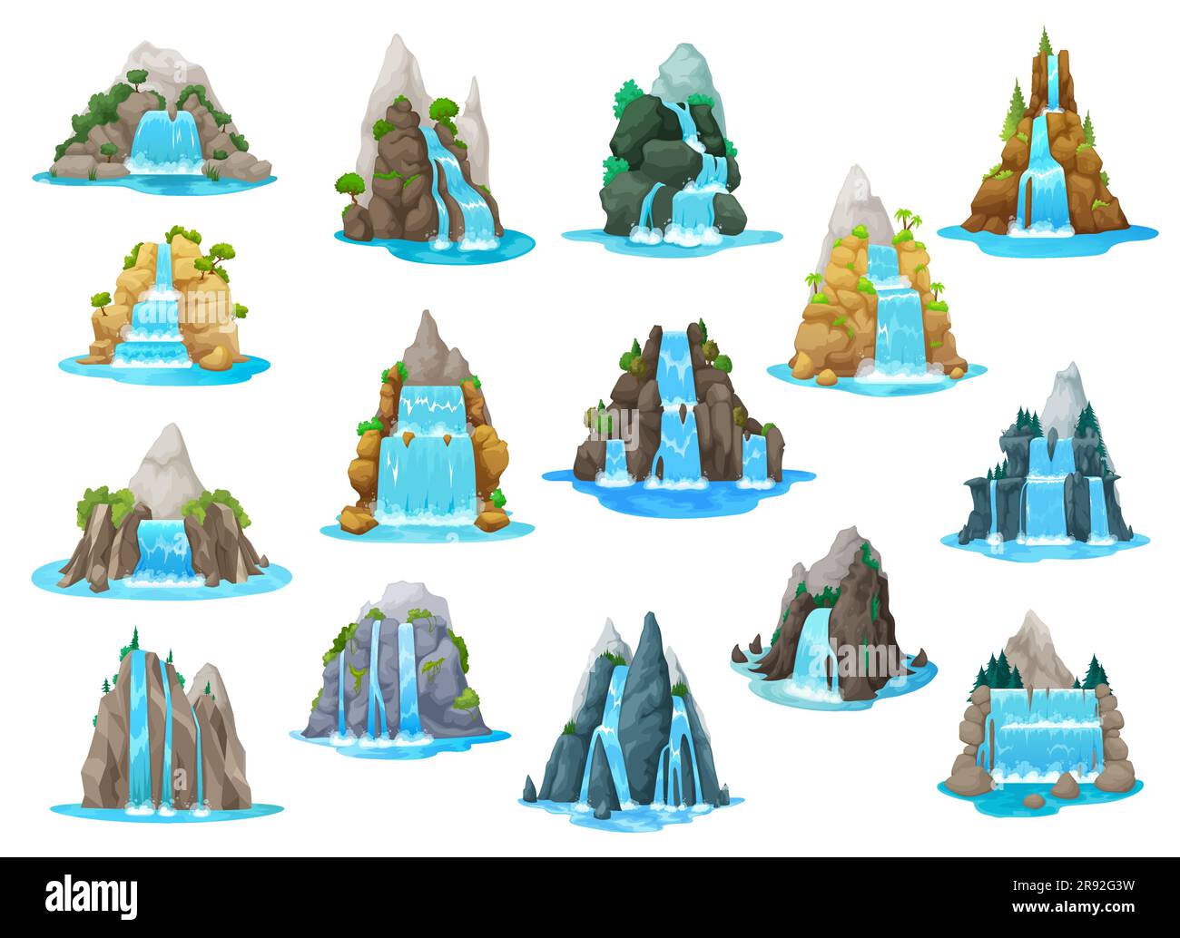 Cartoon-Wasserfall und Wasserkaskadenspiel. Isolierte, herabfallende ...