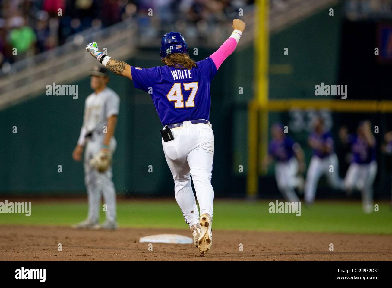 LSU's Tommy White (47) runs home after hitting a walk-off home run against Wake Forest in the ...