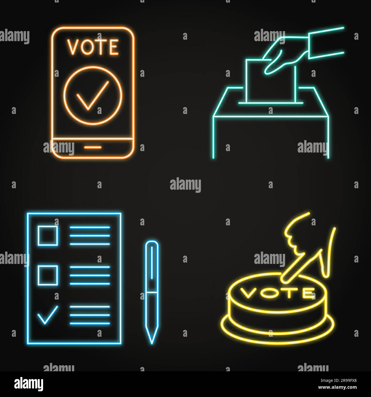 Abstimmung und Wahlen Neon-Symbolgruppe. Abstimmtaste, Wahlurnen und ...