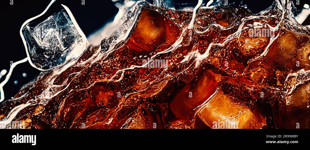 Cola mit Eis, Nahaufnahme der Eiswürfel in Cola-Wasser. Konsistenz des ...