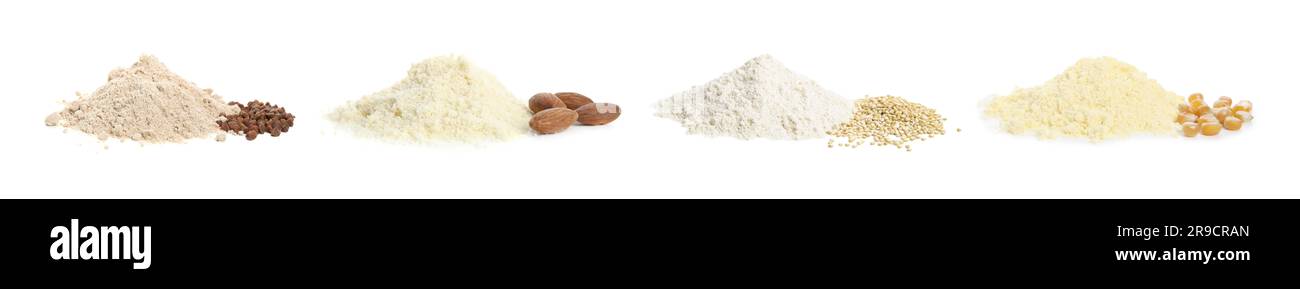 Verschiedene Arten von Mehl und Zutaten auf weißem Hintergrund, Collage ...