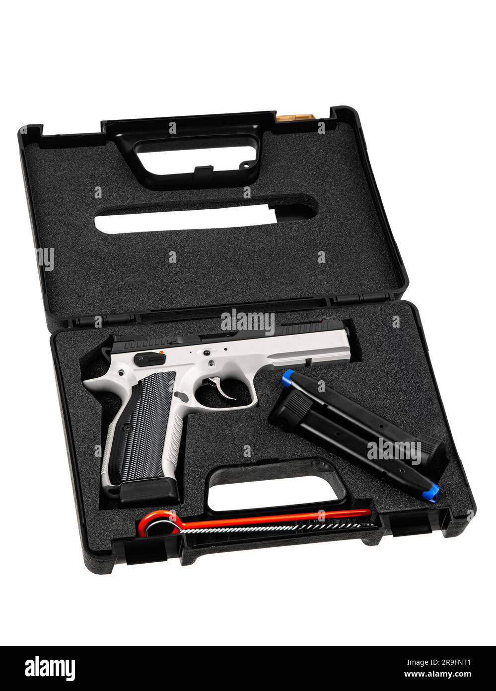 Moderne halbautomatische Pistole. Eine kurzgeschlossene Waffe zur ...