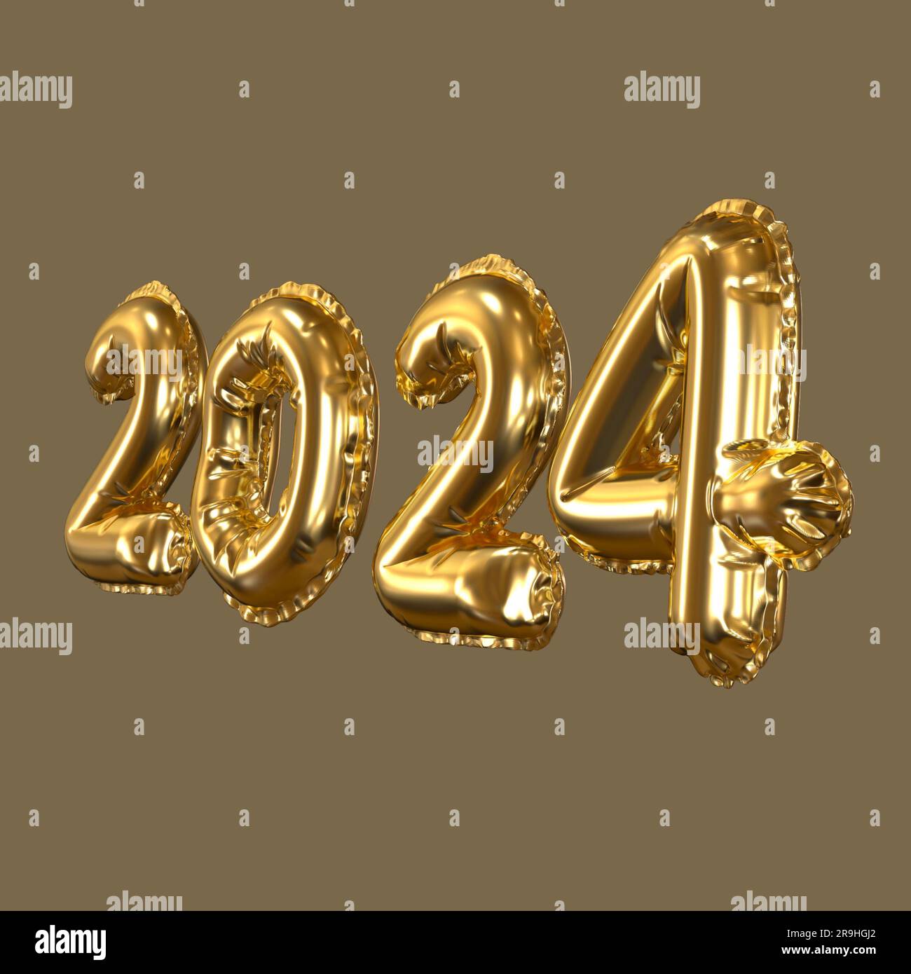 Neujahr 2024. 3D Abbildung der Zahlen 2024. Beiger Hintergrund, goldene ...