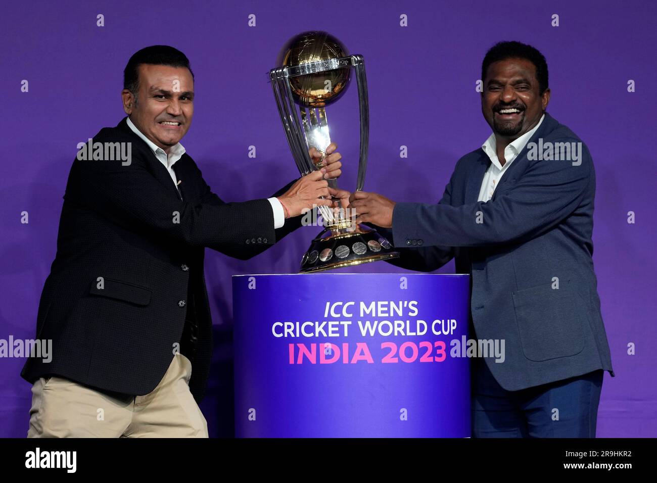 Former Indian cricketer Virender Sehwag, left and Sri Lankan cricketer ...