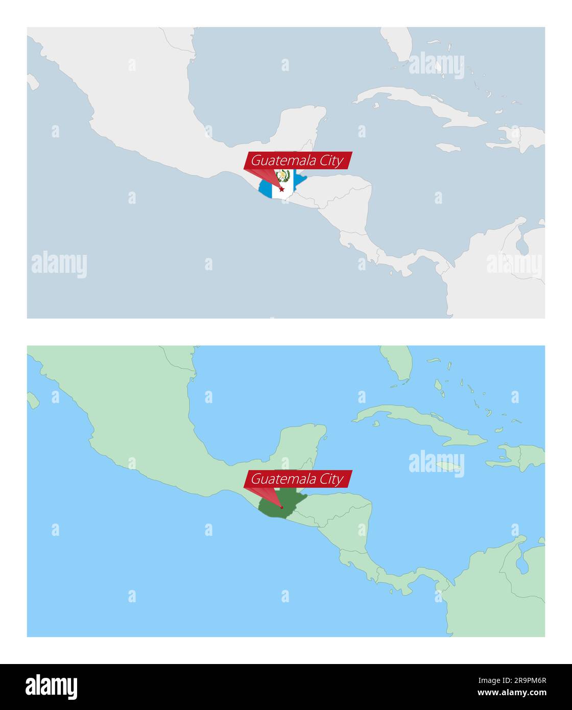 Karte von Guatemala mit Anstecknadel der Landeshauptstadt. Zwei Arten von Guatemalas Karte mit ...