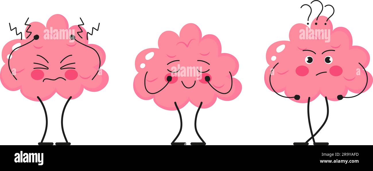 Cartoon-Hirn-Emoji, Emotions-Hirn-Vektor-Set. Brainstorming setzt die ...