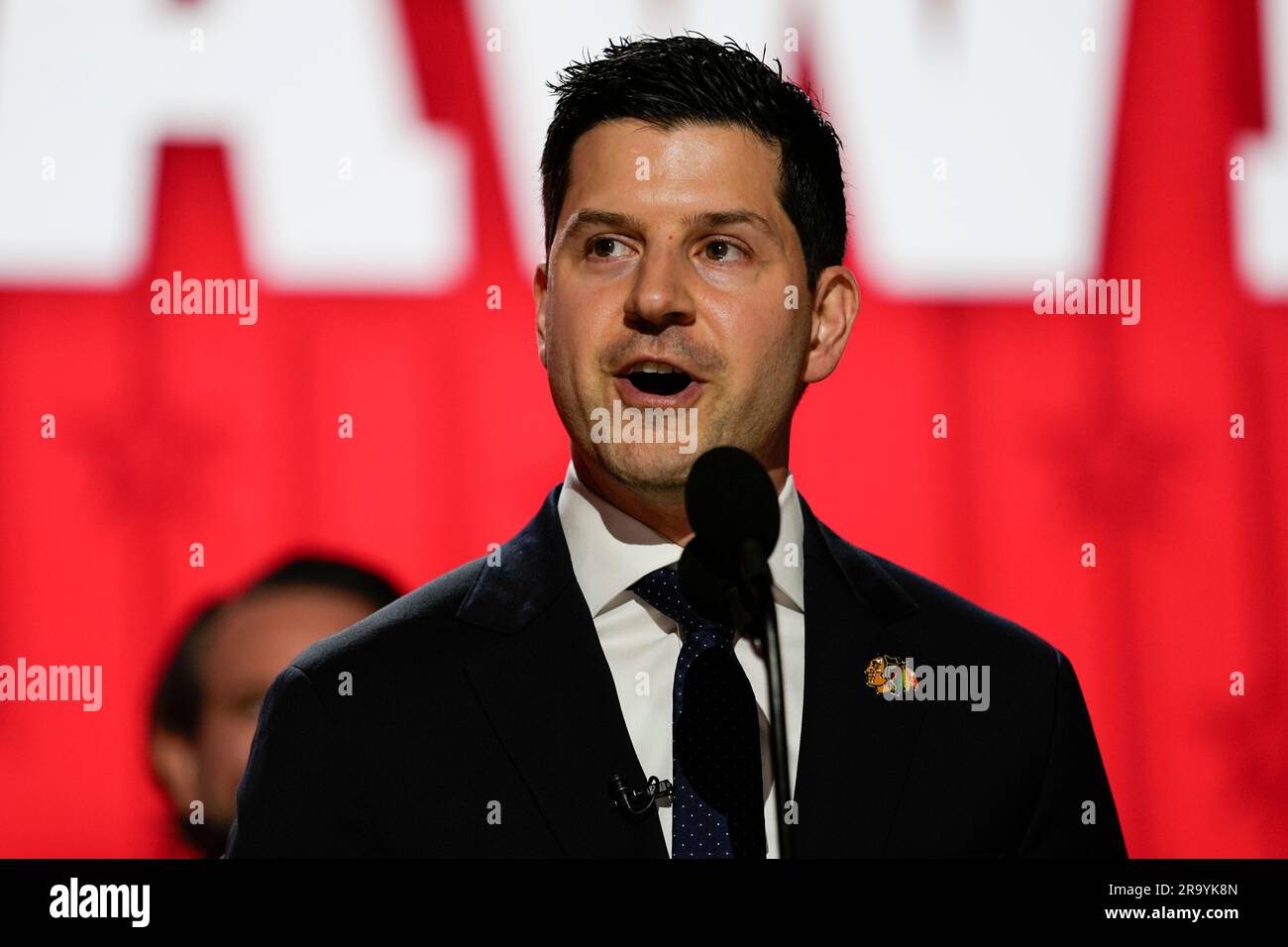 Chicago Blackhawks general manager Kyle Davidson announces the team's ...