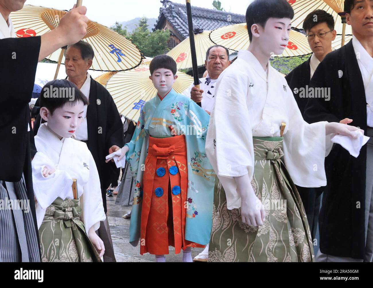 Chigo, a child of festivity, attends the Osendo-no-gi ritual at Yasaka Jinja Shrine in Kyoto on ...