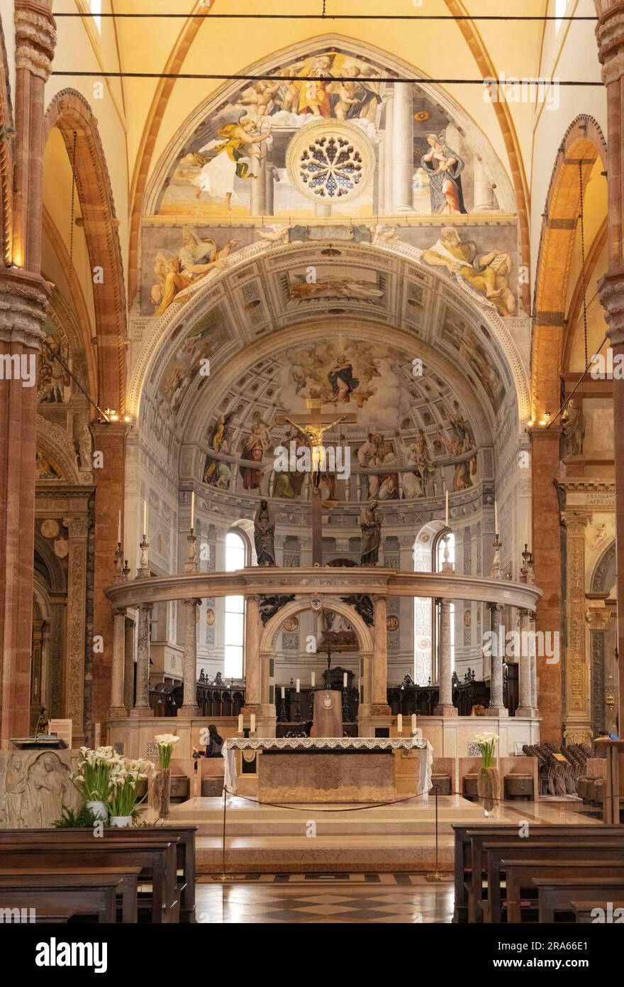 Innere der Kathedrale von Verona; Schiff und Altar. Eine Kathedrale aus dem 12. Jahrhundert ...
