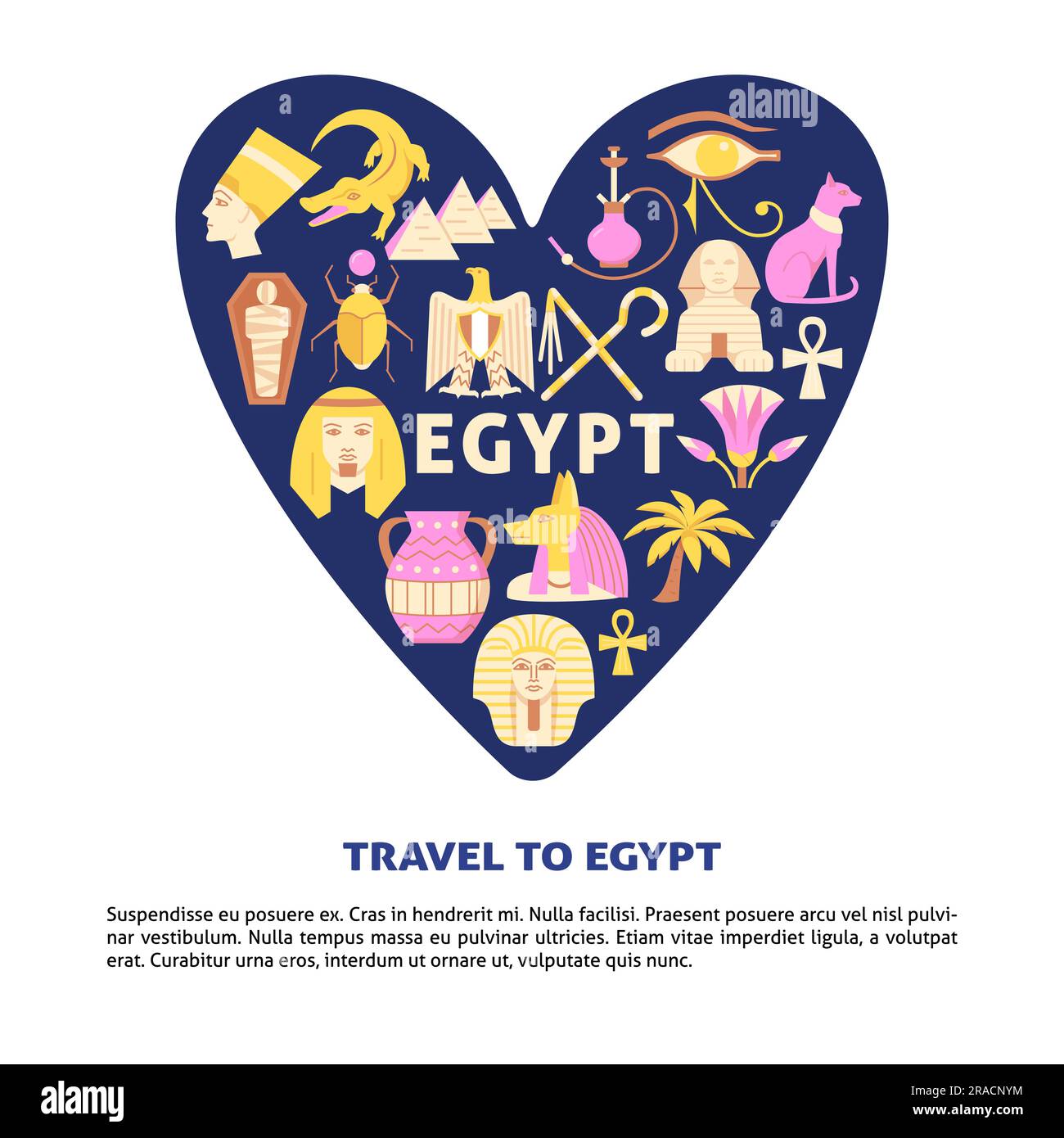 Plakat mit ägyptischen Ikonen im flachen Stil. Nationale Symbole wie ...