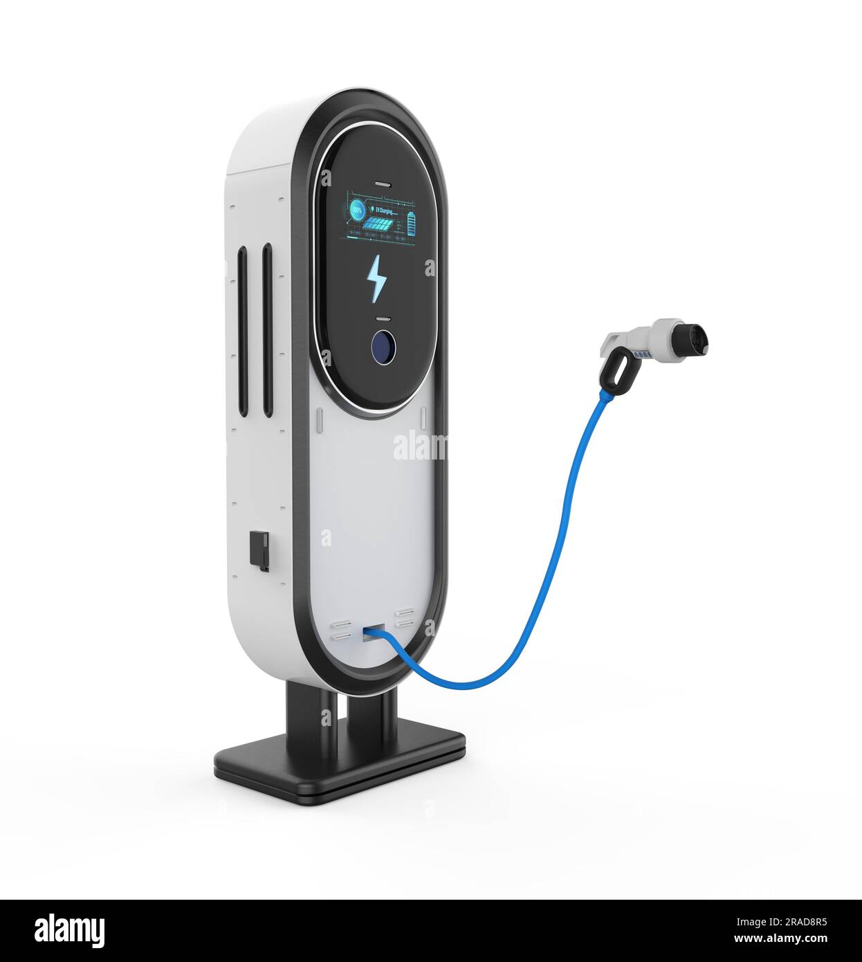 3D-Rendering-EV-Ladestationen oder Ladestation für Elektrofahrzeuge mit Grafikdisplay auf weißem ...
