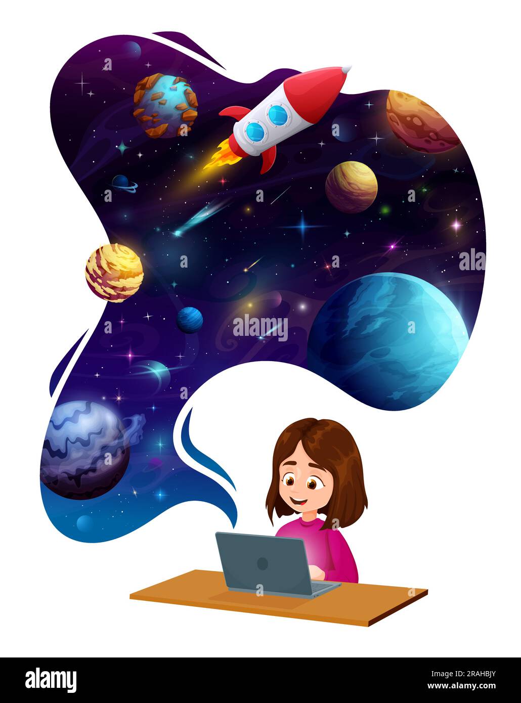 Ein Kind mit Laptop träumt von Weltraumplaneten und Galaxieflug ...