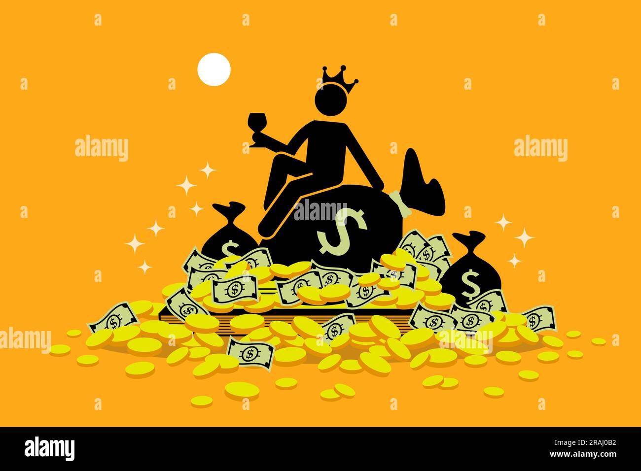 Ein Mann mit einer Krone, der auf einem Haufen Geld und Goldmünzen ...