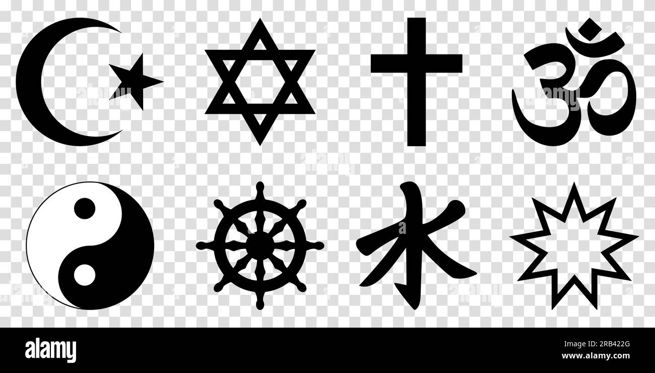 Weltreligionssymbole gesetzt. Islam, Judentum, Christentum, Hinduismus, Taoismus, Buddhismus ...