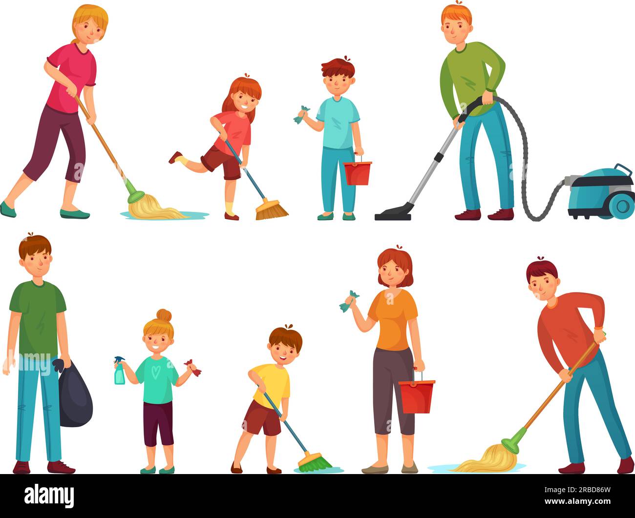 Familienarbeit. Eltern und Kinder räumen das Haus auf, reinigen mit ... Familienarbeit. Eltern und Kinder räumen das Haus auf, reinigen mit ...