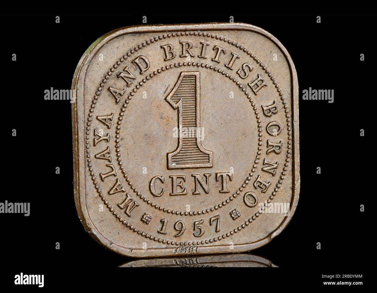 1957 Malaya & Britisches Borneo 1-Cent-Münze. Der obere Teil zeigt ein ...