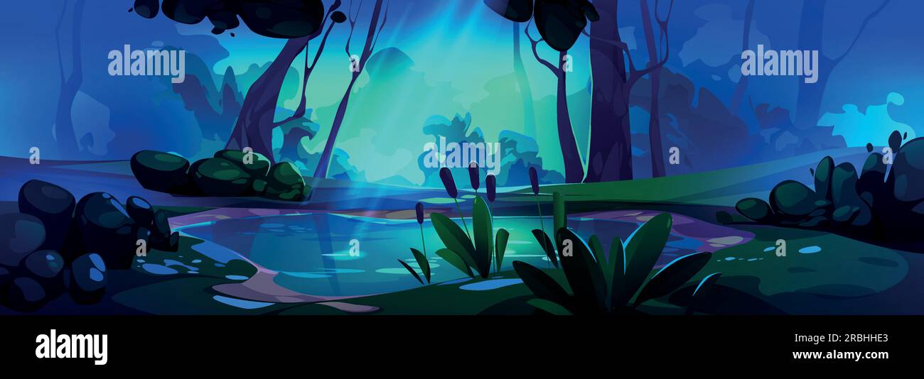 Geheimnisvolle Nachtwaldlandschaft mit Sumpf. Vektor-Cartoon ...