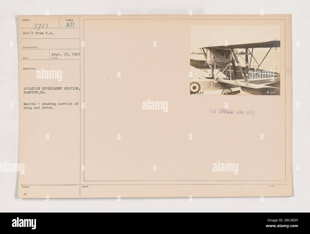 Das Bild zeigt ein Macchi-Flugzeug an der Aviation Experiment Station ...