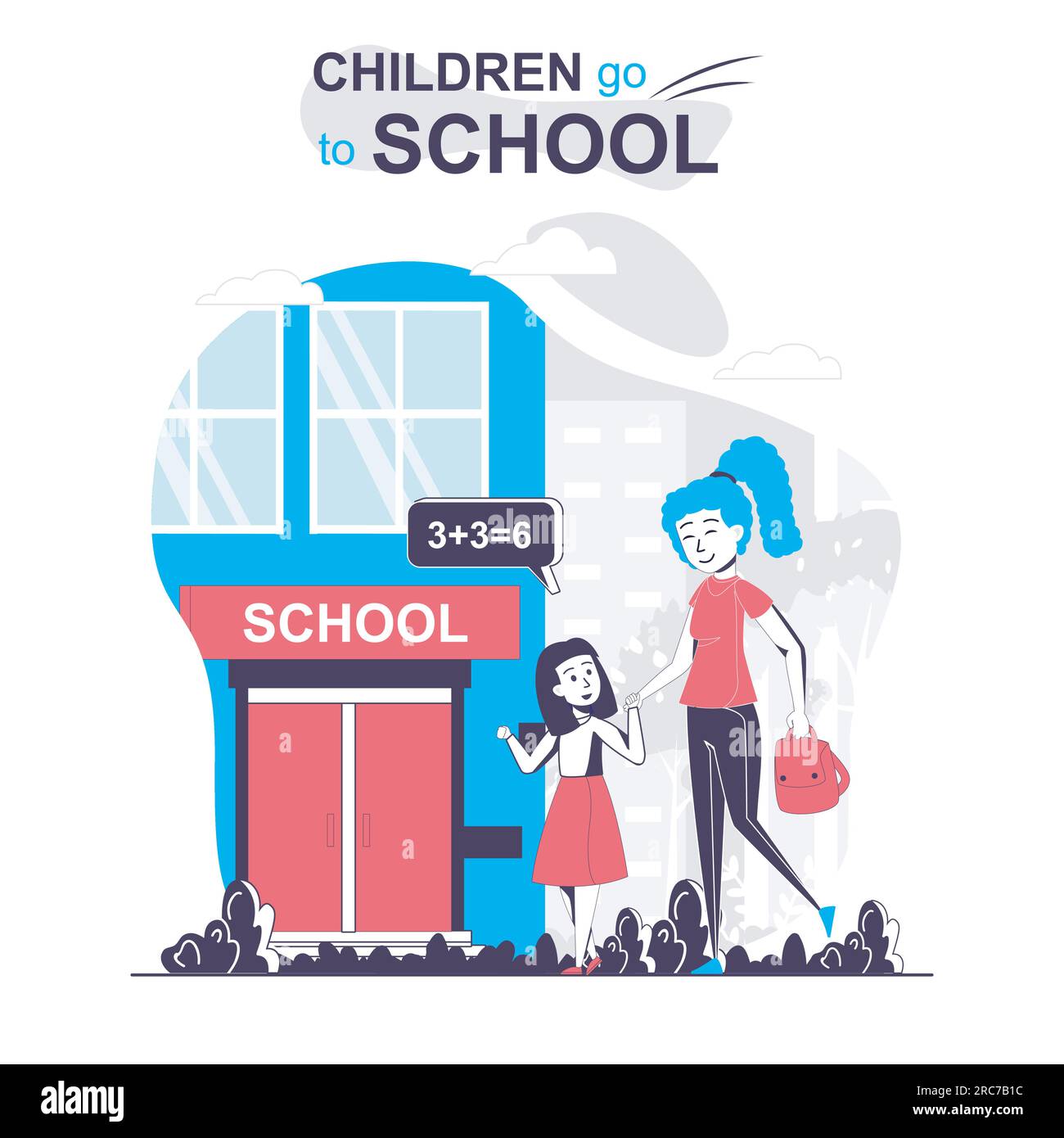 Kinder gehen zur Schule isoliert Cartoon-Konzept. Mutter und Tochter gehen morgens zur Schule ...