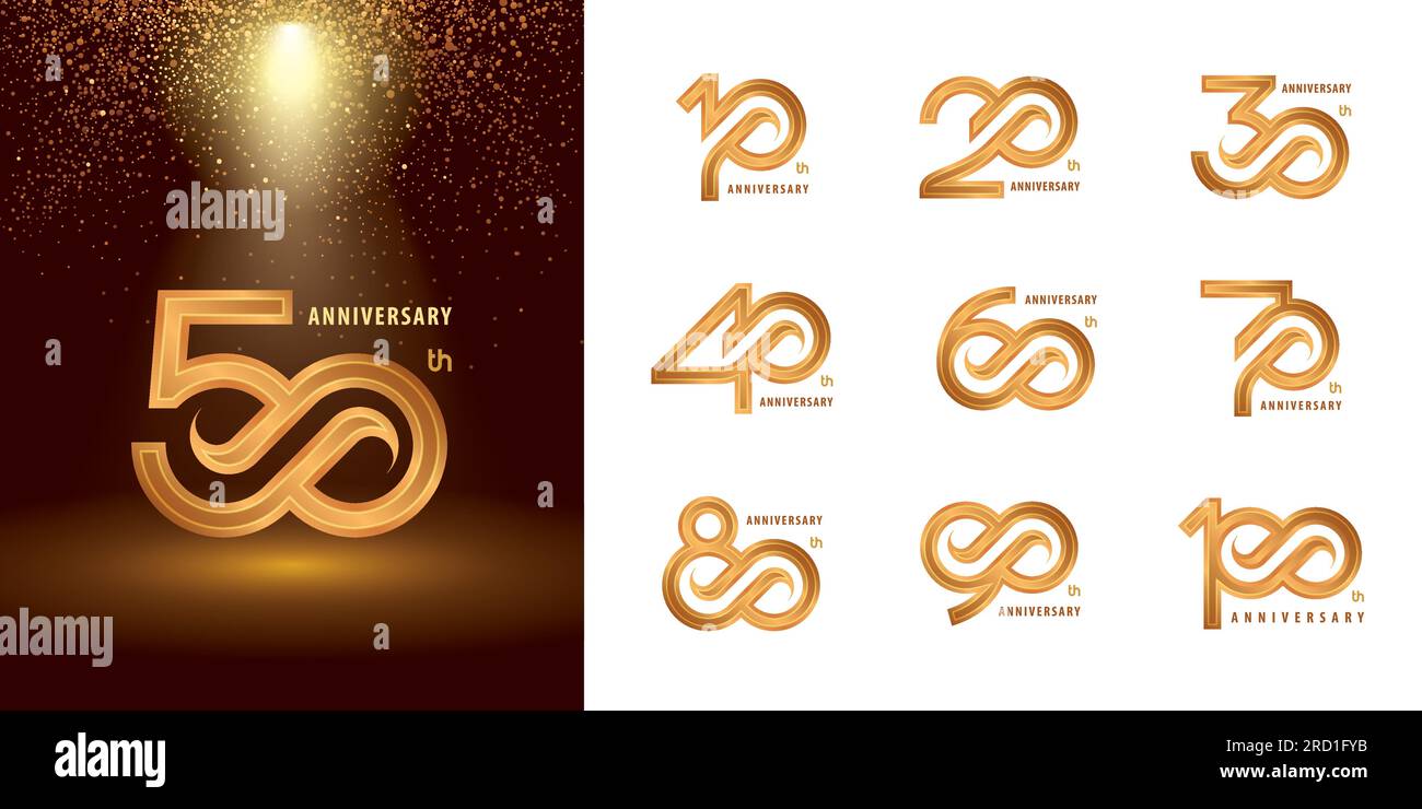 Set mit Logos zum 10. Bis 100. Jubiläum, Silber- und goldenen Logos zur ...