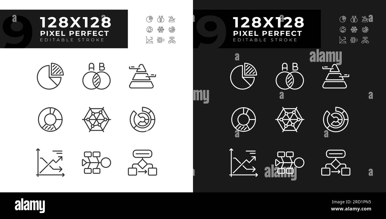 Lineare Symbole für Diagramm und Diagramm, die für den dunklen, hellen ... Lineare Symbole für Diagramm und Diagramm, die für den dunklen, hellen ...