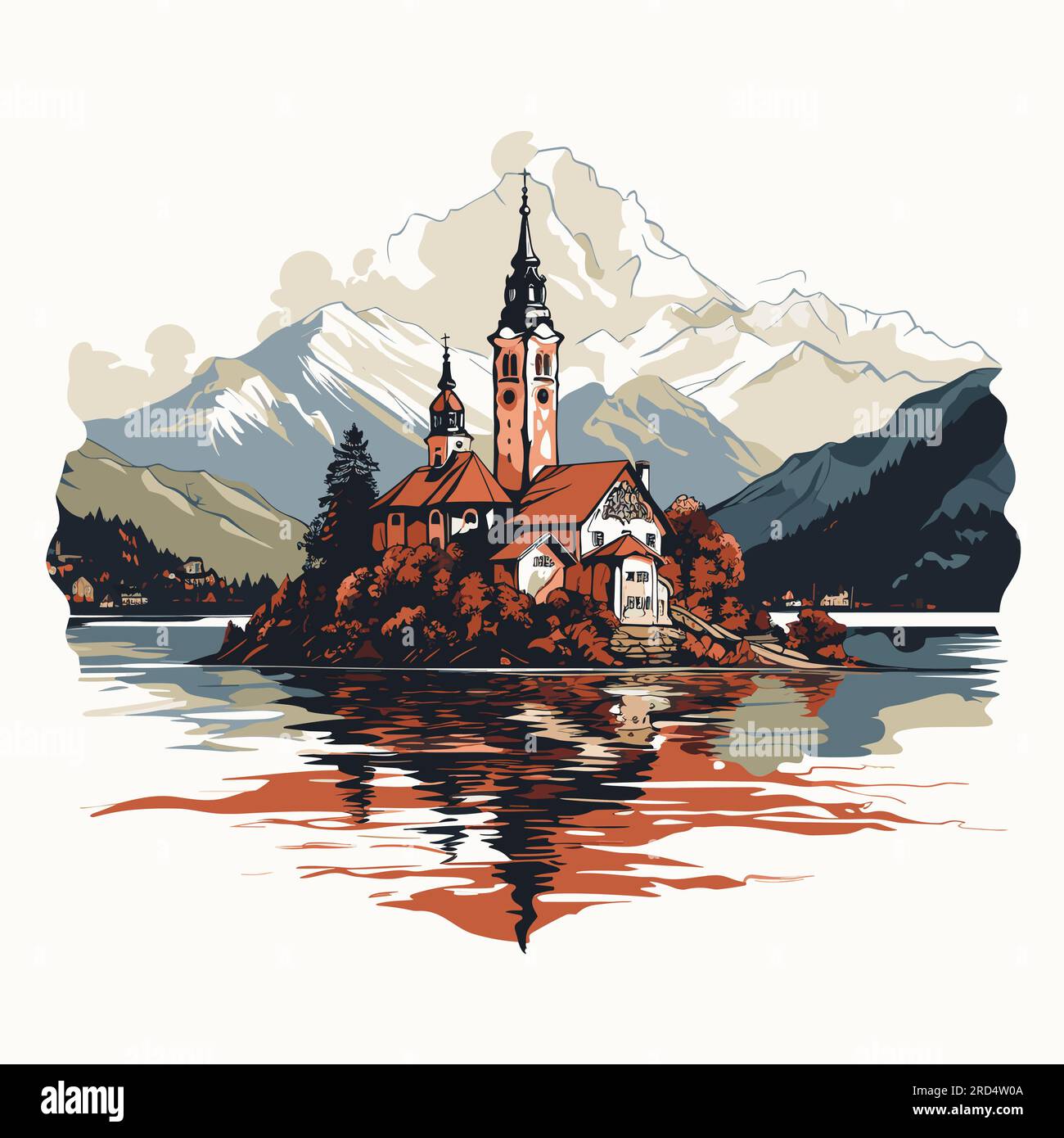 Bleder See. Von Hand gemalte Comic-Illustration des Bleder Sees. Vektor ...