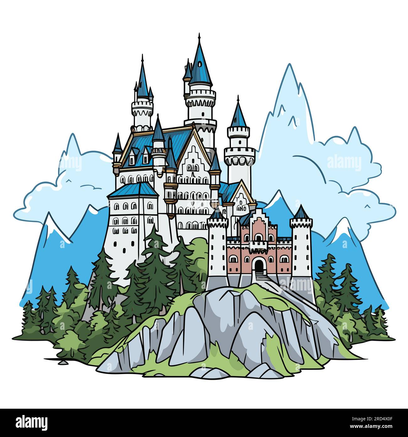 Neuschwanstein. Schloss Neuschwanstein, handgemalte Comic-Illustration. Vektor-Doodle ...