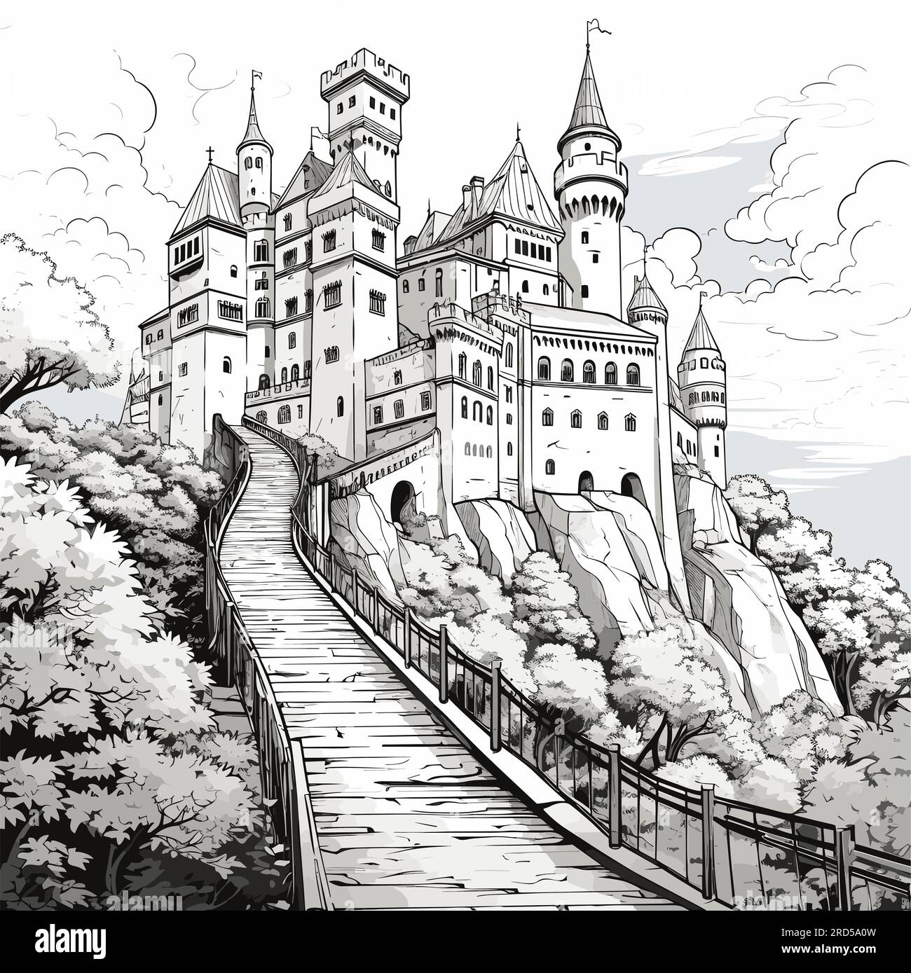 Neuschwanstein. Schloss Neuschwanstein, handgemalte Comic-Illustration ...