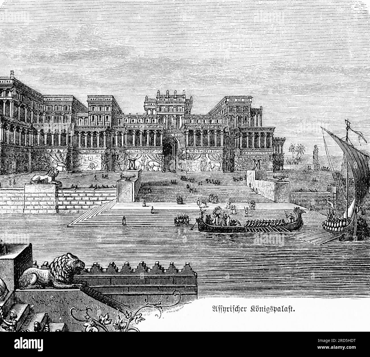 Assyrischer Königspalast, Assyrisches Reich, Fluss, Segelschiff ...