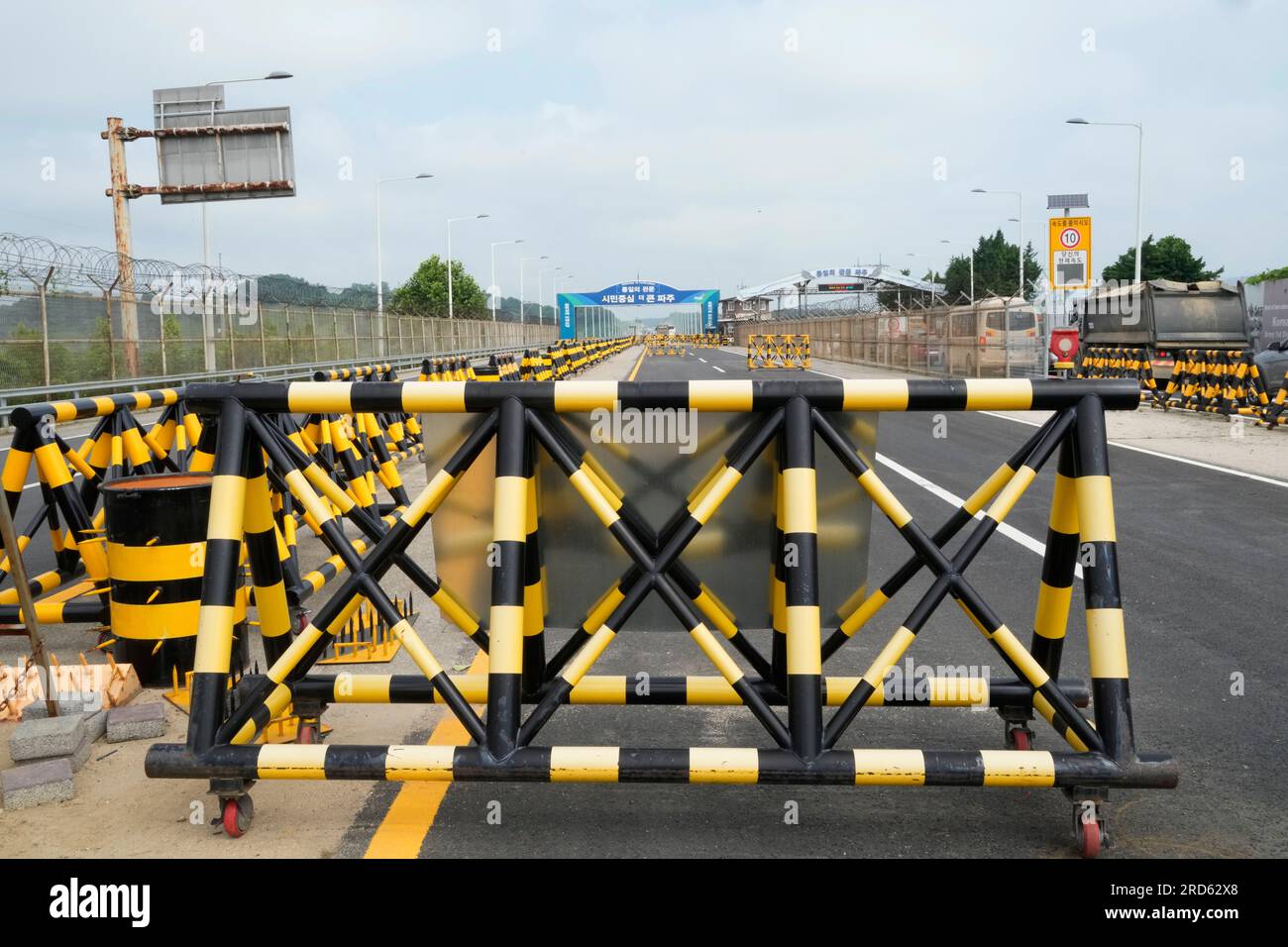 Barricades are placed near the Unification Bridge, which leads to the ...