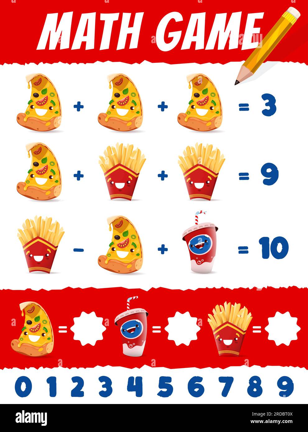 Arbeitsblatt für Mathematik-Spiele, Cartoon-Pizza, pommes frites und ...
