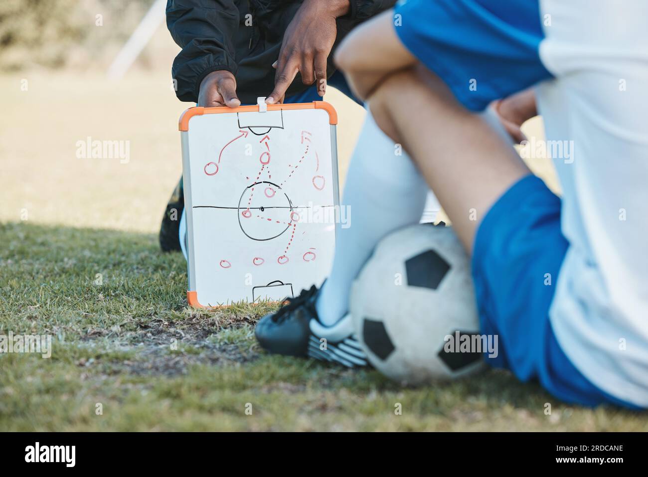 Hände, Fußballmannschaft oder Trainer planen eine Formation mit Taktik ...