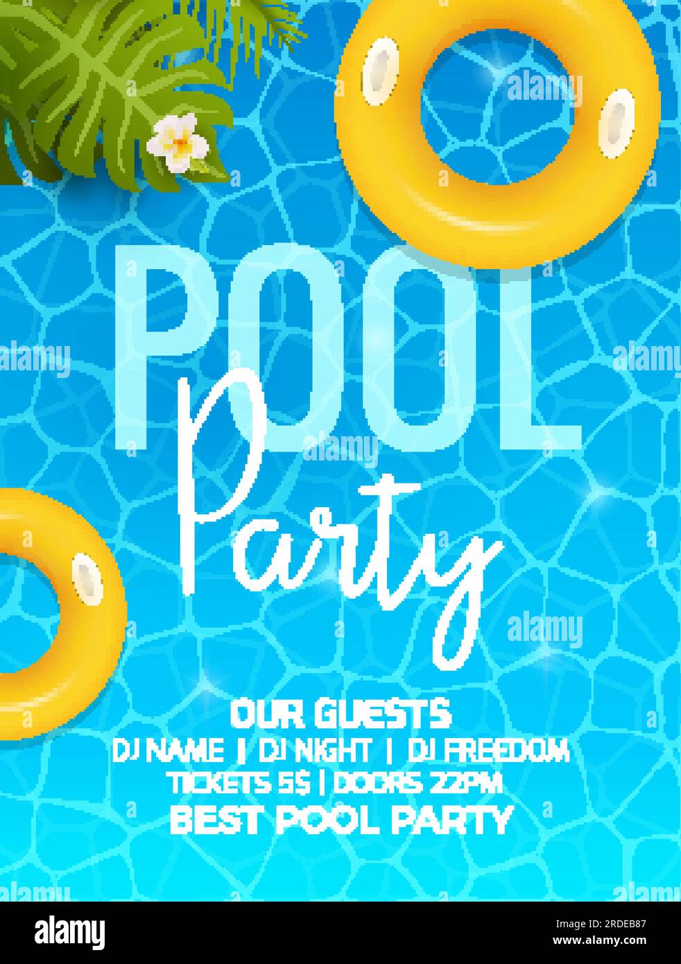 Einladungsvorlage für Pool-Sommerparty. Einladung zur Poolparty mit Palmen. Vektordesign für ...