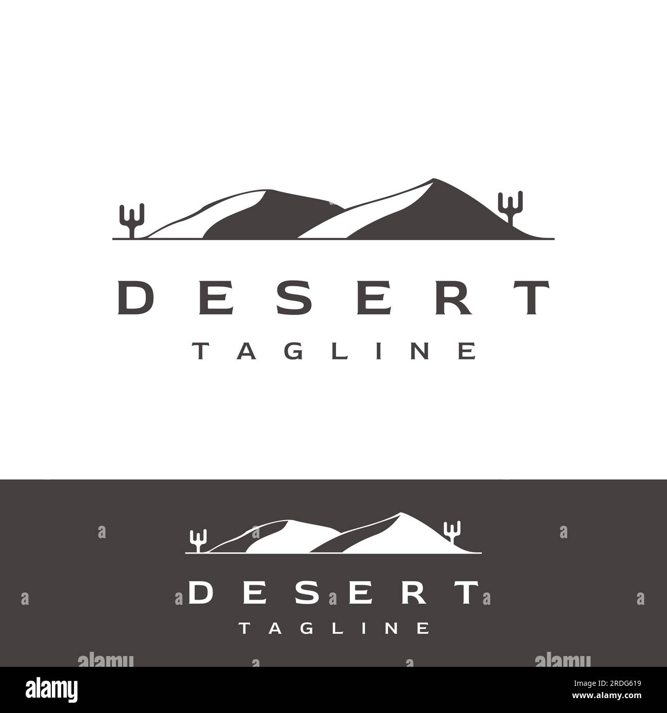 Abstraktes Logo aus heißer Wüste und Dünen mit Kakteen, die im ... Abstraktes Logo aus heißer Wüste und Dünen mit Kakteen, die im ...