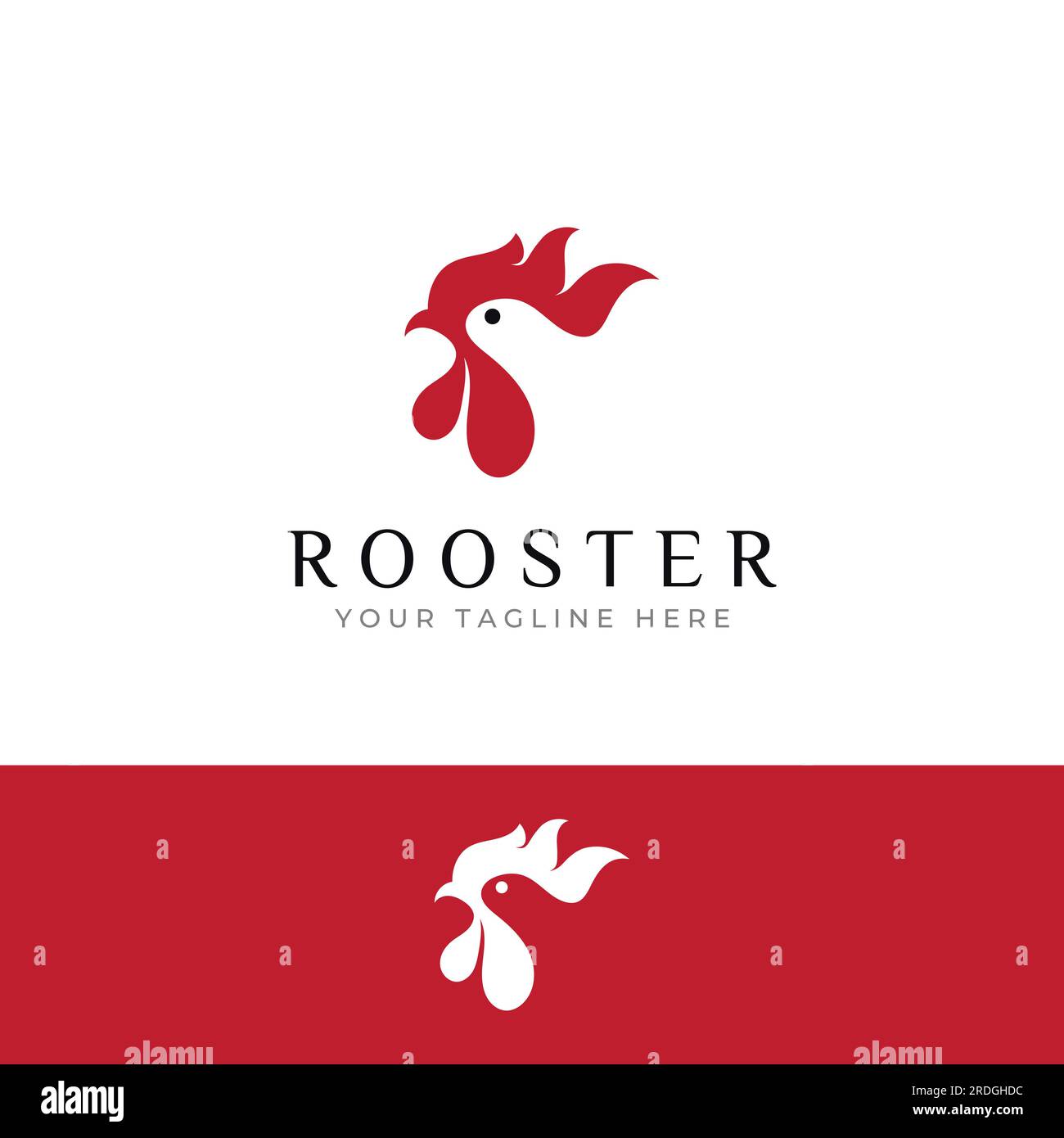 Hähnchen-Logo, Hahnenkopf-Logo mit Fischkombination. Das Huhn-Logo wird ...